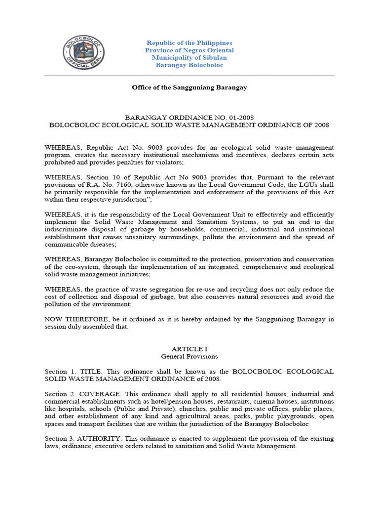 bolocboloc SWM Ordinance (Complete) | Download Free PDF | Waste Management | Municipal Solid Waste