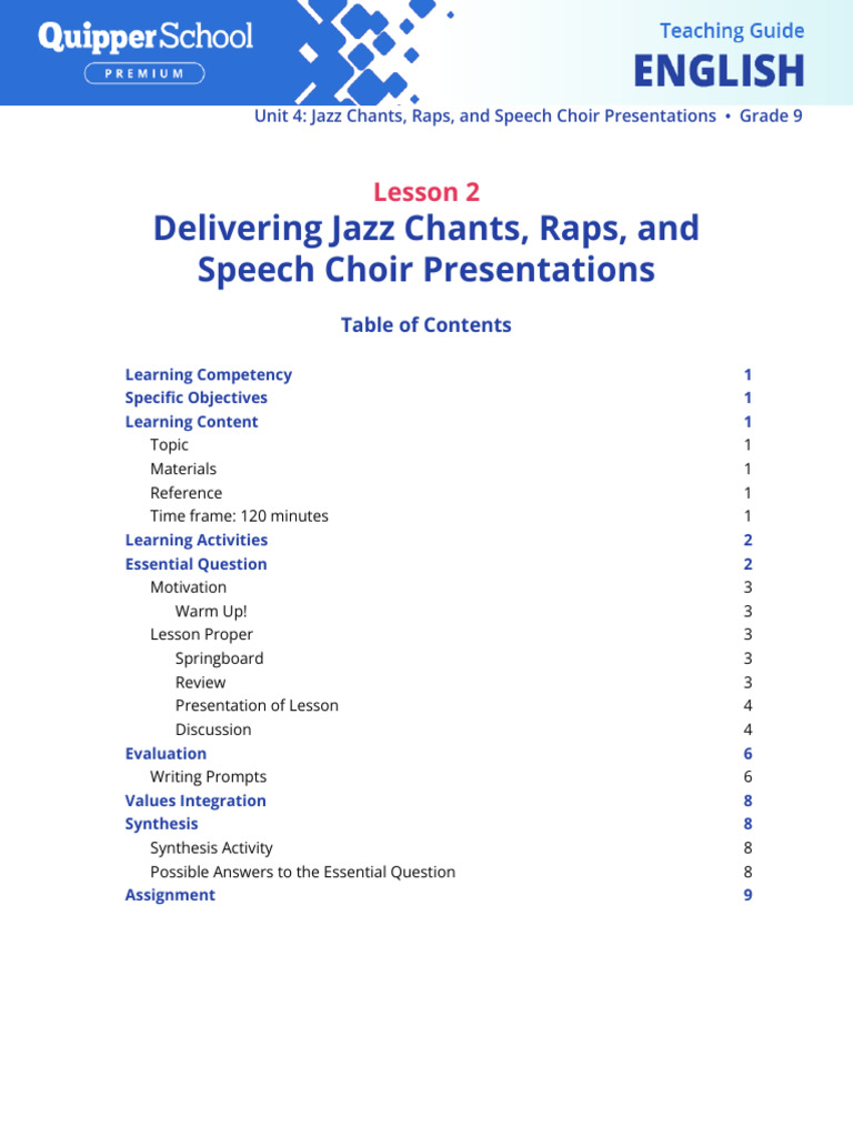 PDF (TG) - English 9 - Unit 4 - Lesson 2 - Delivering Jazz Chants, Raps ...