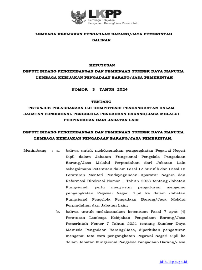 Keputusan Deputi III Nomor 3 Tahun 2024 Juknis Ujikom Perpindahan | PDF