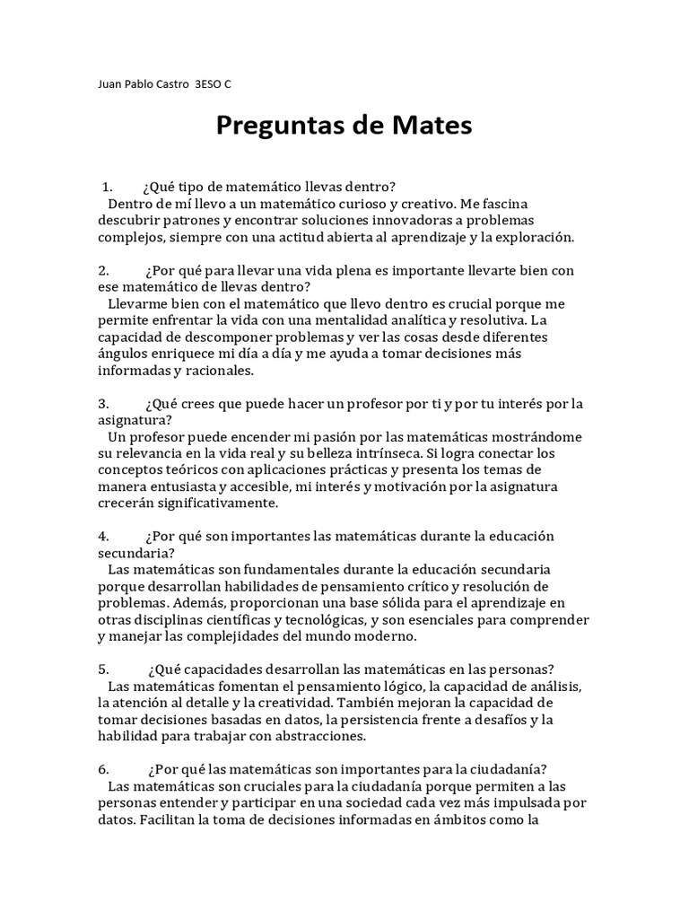 Preguntas Mates | PDF | Enseñanza de matemática | Pensamiento