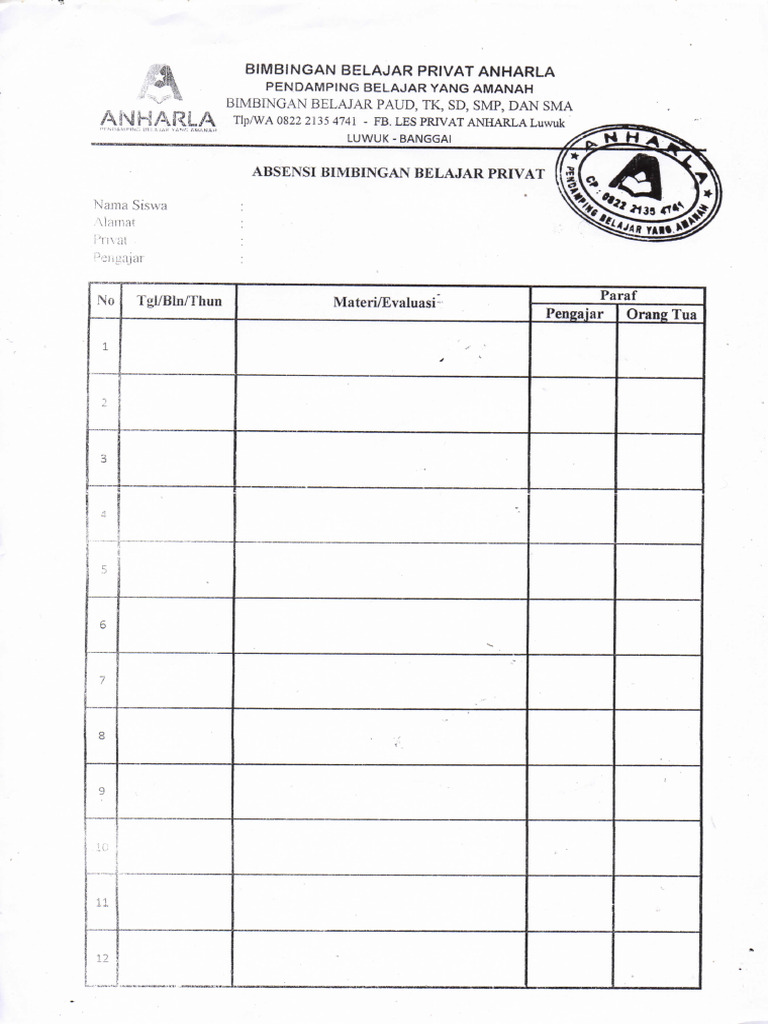 Absen Bimbingan Belajar Privat | PDF
