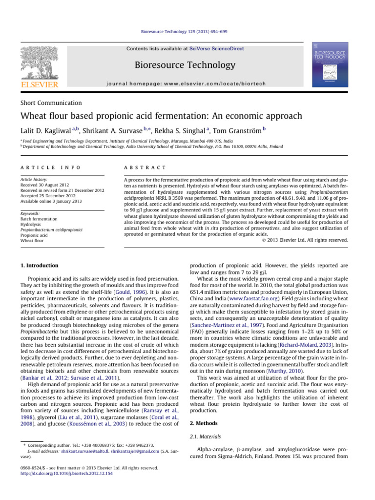Wheat Flour Based Propionic Acid | PDF | Hydrolysis | Fermentation