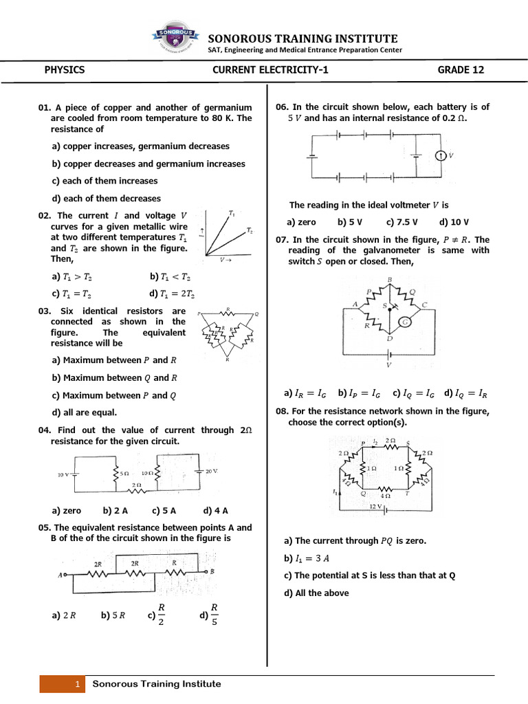 Chap 3 - Current Electricity-MCQ-Test 1 | PDF | Electrical Resistance ...