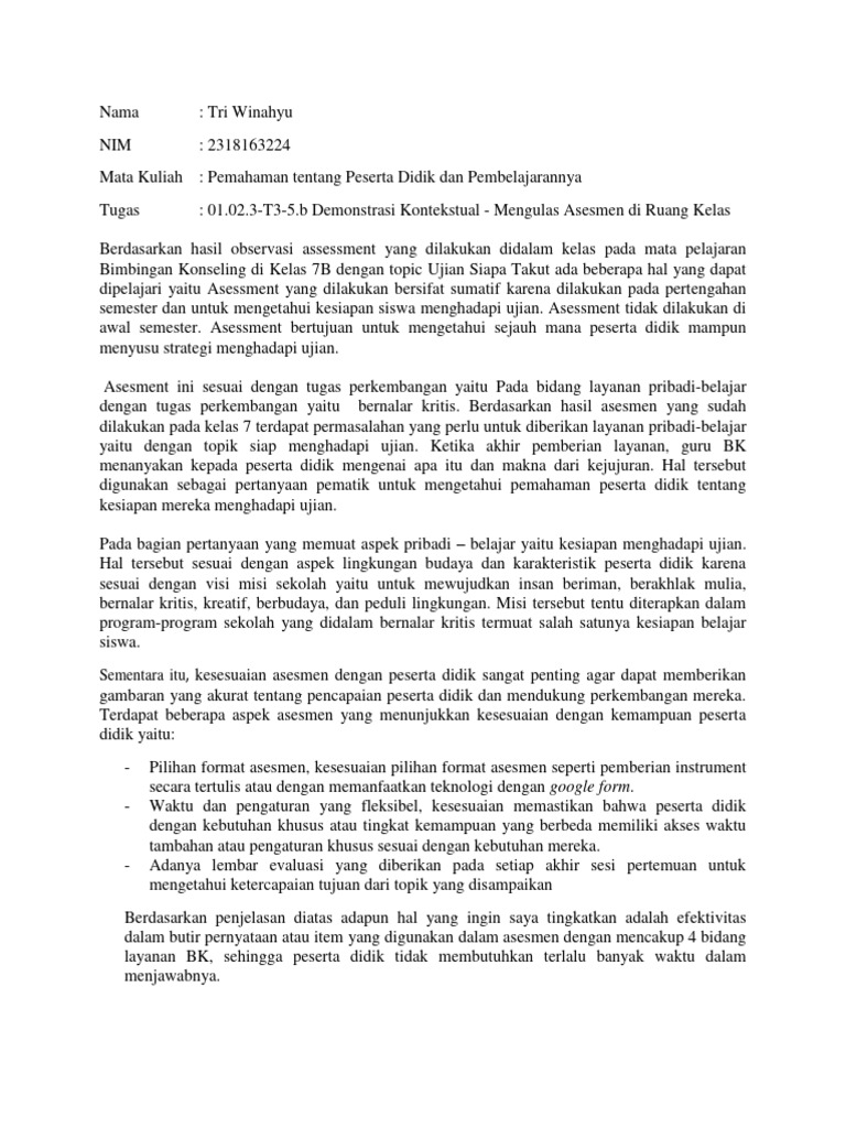 01.02.3-T3-5.b Demonstrasi Kontekstual-Tri Winahyu-Mengulas Asesmen Di Ruang Kelas | PDF
