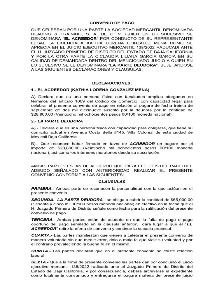 Convenio de Pago entre Acreedor y Deudora | PDF | Pagos | Justicia