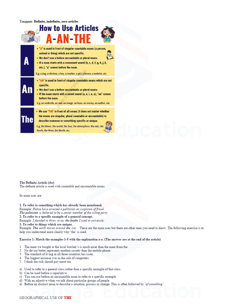 Definite, Indefinite, Zero Articles | PDF | Noun | Linguistics