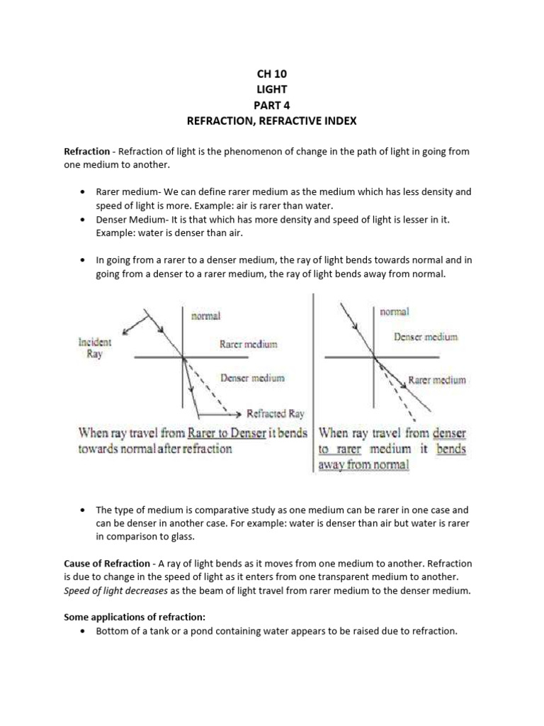 CH 10 Light Part 4 Refractionrefractive Index 1 | PDF | Refraction ...