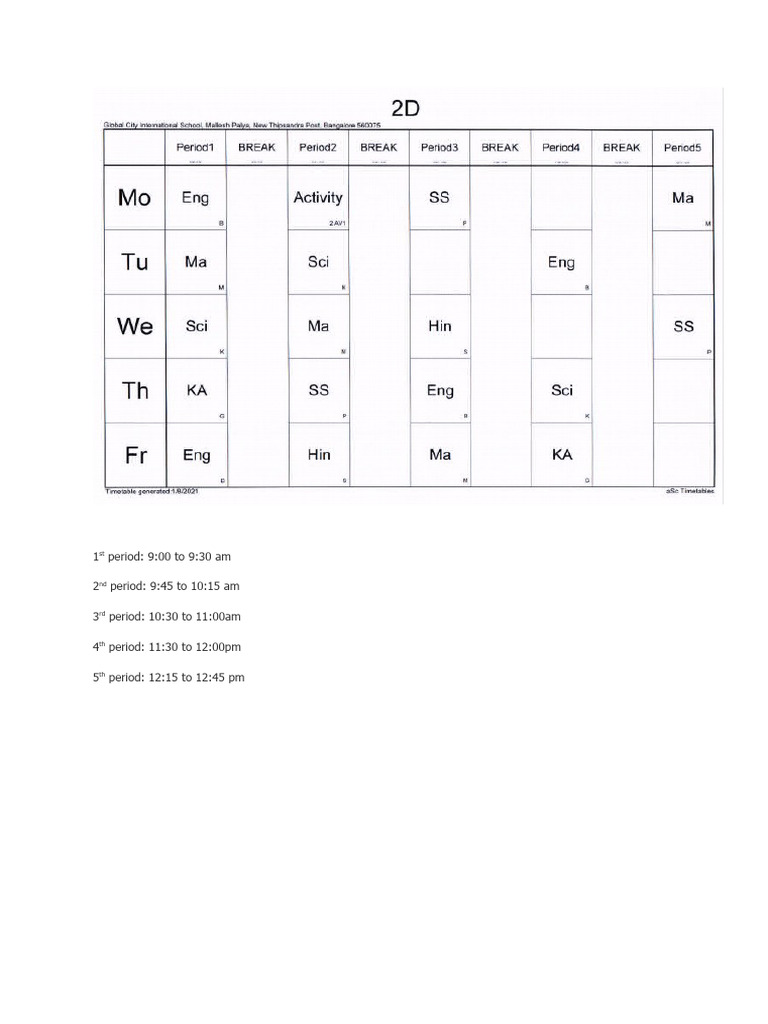 TimeTable Jan2021 | PDF