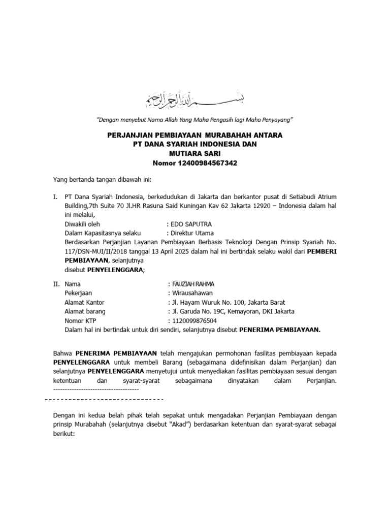 Surat Perjanjian Akad Murabahah | PDF