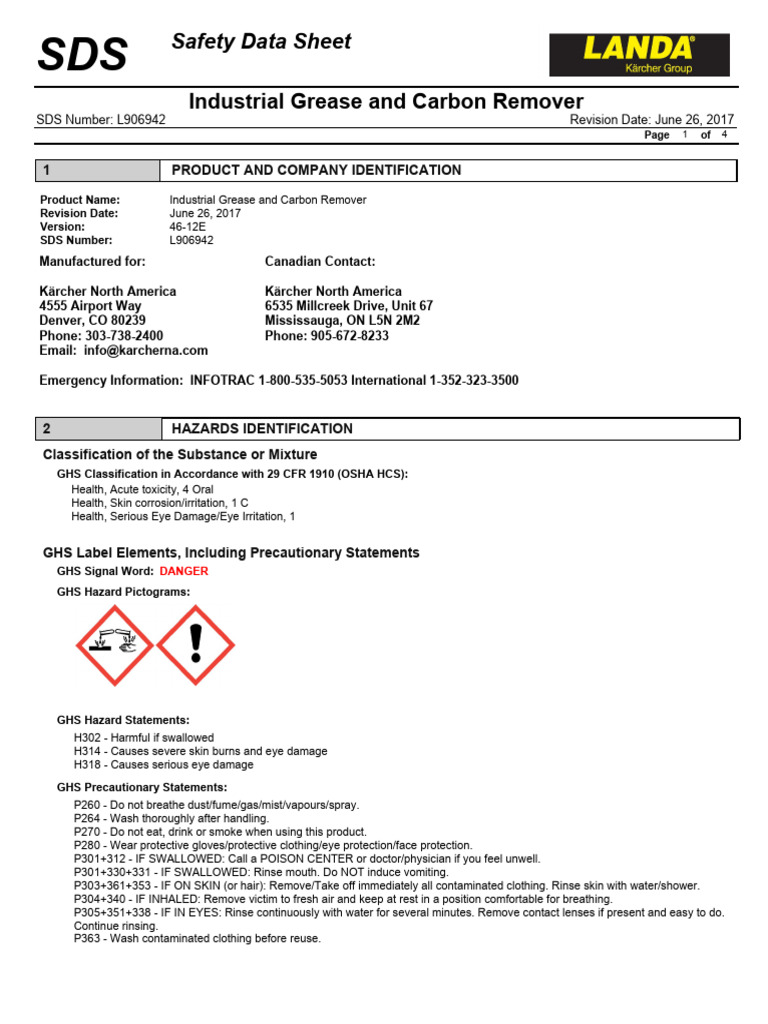 Sds Industrial Grease and Carbon Remover | PDF | Dangerous Goods | Superfund