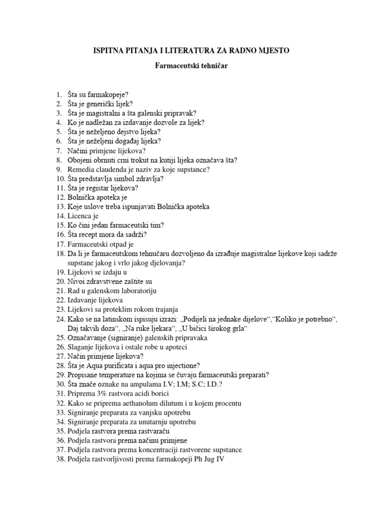 758 Ispitna Pitanja I Literatura Za Radno Mjesto - Farmaceutski ...