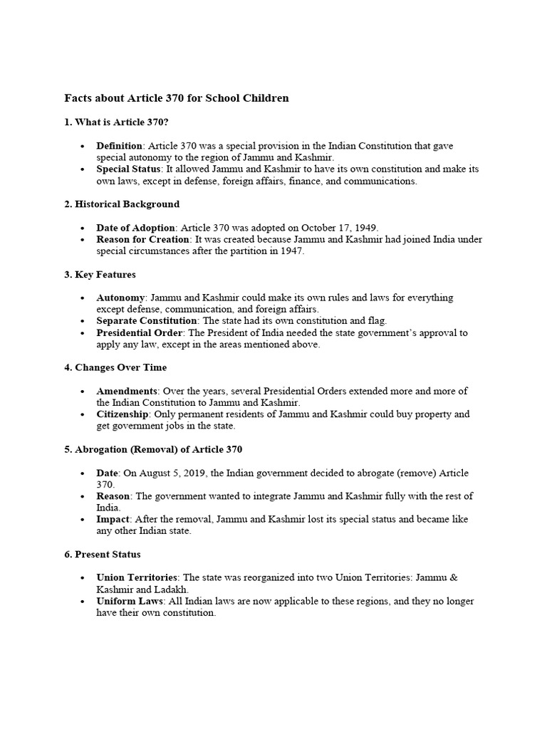 Understanding Article 370 for Kids | PDF | Constitutional Law ...