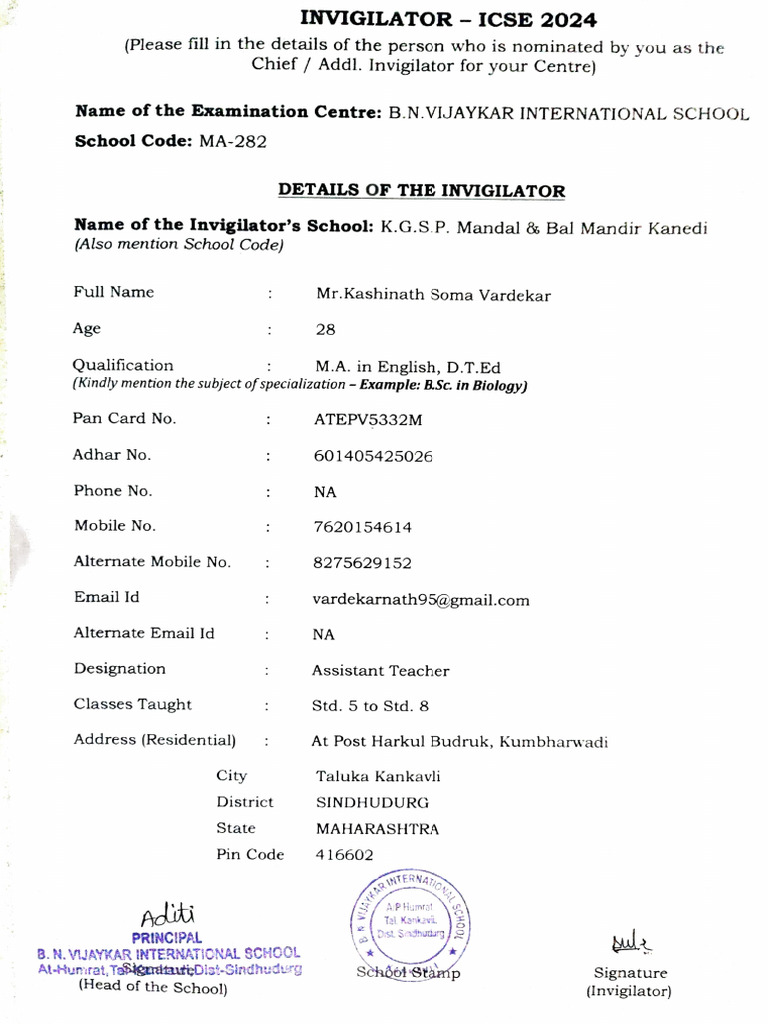 Invigilator Nomination Form ICSE 2024 | PDF