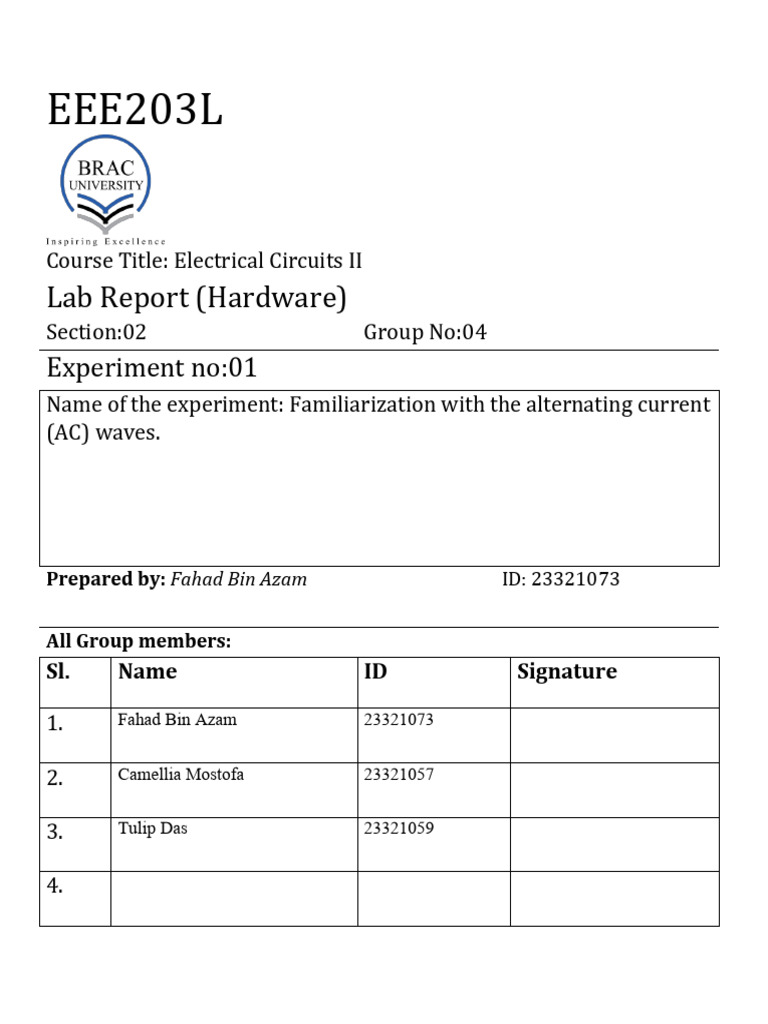 EEE Lab, EXP-1, Grp-4 | PDF | Electrical Network | Alternating Current