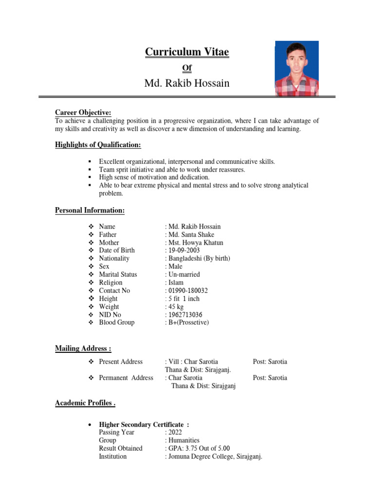 Rakib Hossain Curriculum - Vitae | PDF | Psychology | Behavioural Sciences