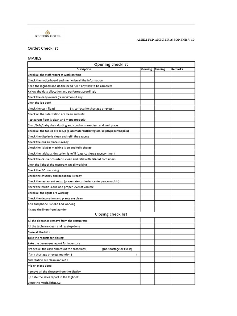 F&B Check List | PDF | Restaurants