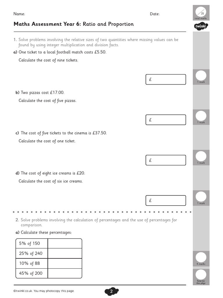 Year 6 Maths Assessment Ratio and Proportion - Ver - 1 | PDF | Ratio ...