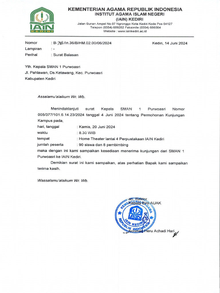 Surat Balasan Sman 1 Purwoasri | PDF