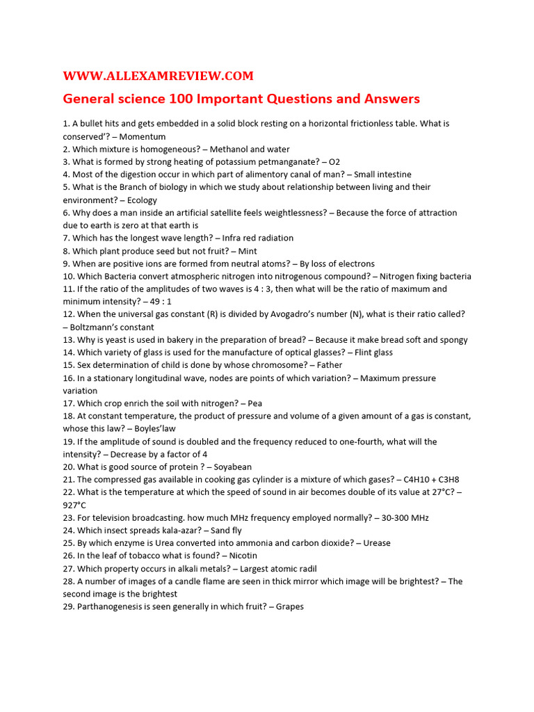 General Science 100 Important Questions and Answers | PDF | Gases | Water