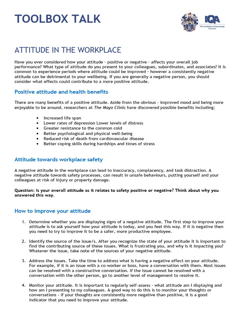IQA Toolbox Talk_Attitude | PDF | Occupational Safety And Health | Well ...