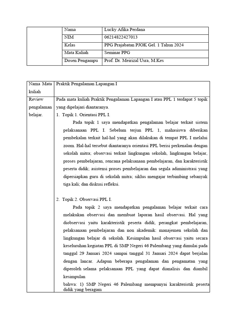 Jurnal Refleksi - Lucky Afika Perdana - Praktik Pengalaman Lapangan I-1 | PDF