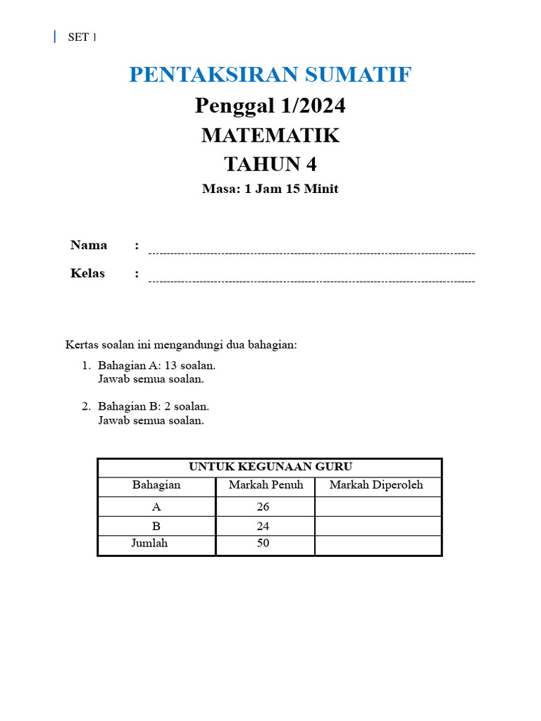 TP2562 - 2 Set Kertas Pentaksiran Sumatif Matematik Tahun 4 Penggal 120243 | PDF