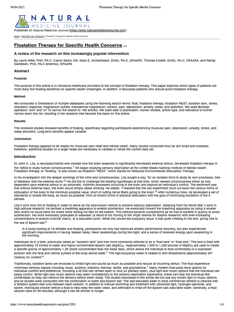 Floatation Therapy For Specific Health Concerns | PDF | Pain | Magnesium