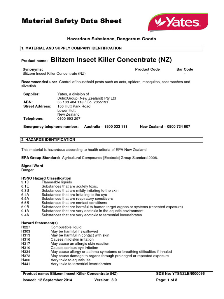 Blitzem Insect Killer Concentrate-Nz SDS | PDF | Dangerous Goods | Safety