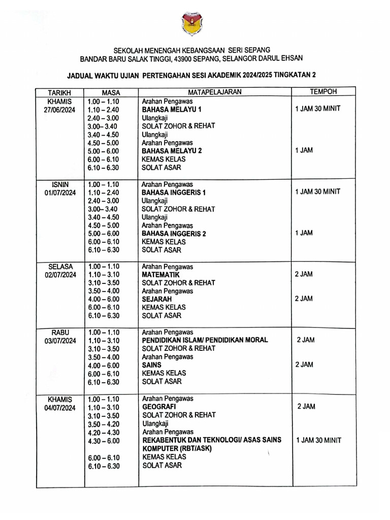 JADUAL UPSA (TINGKATAN 2) 2024_archive | PDF