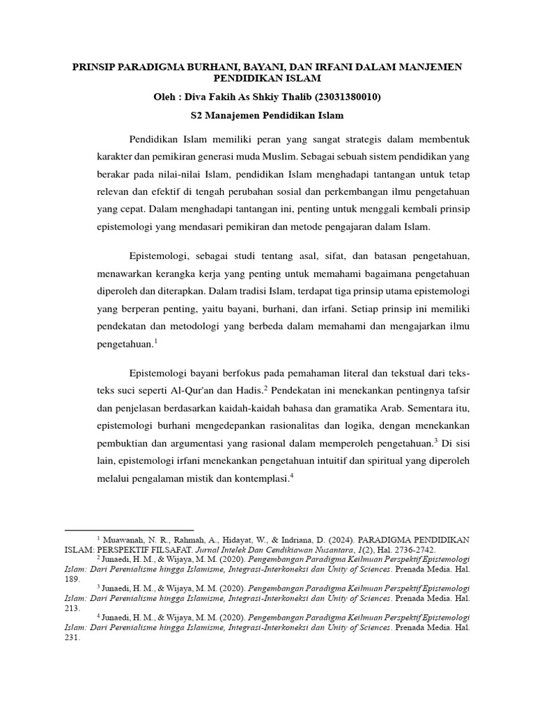 Prinsip Paradigma Burhani, Bayani, Irfani Dalam Manajemen Pendidikan Islam - Diva Fakih As Shkiy ...