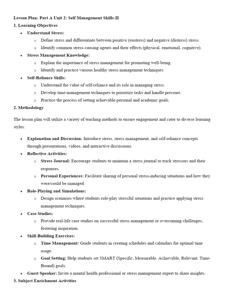 Class X LP Part A Unit 2 Self Management Skills-II | PDF | Stress ...