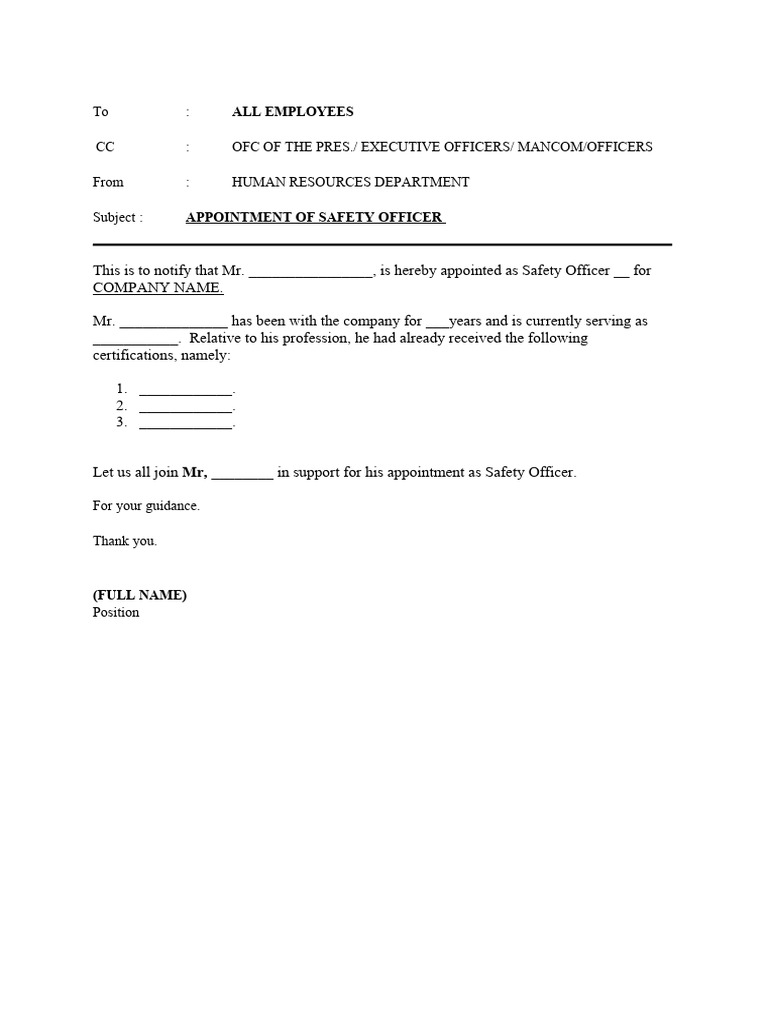 Appointment Letter as Safety Officer With Credentials | PDF