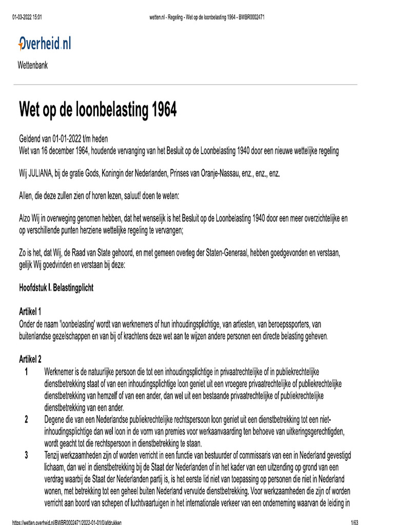 Wet Op de Loonbelasting | PDF
