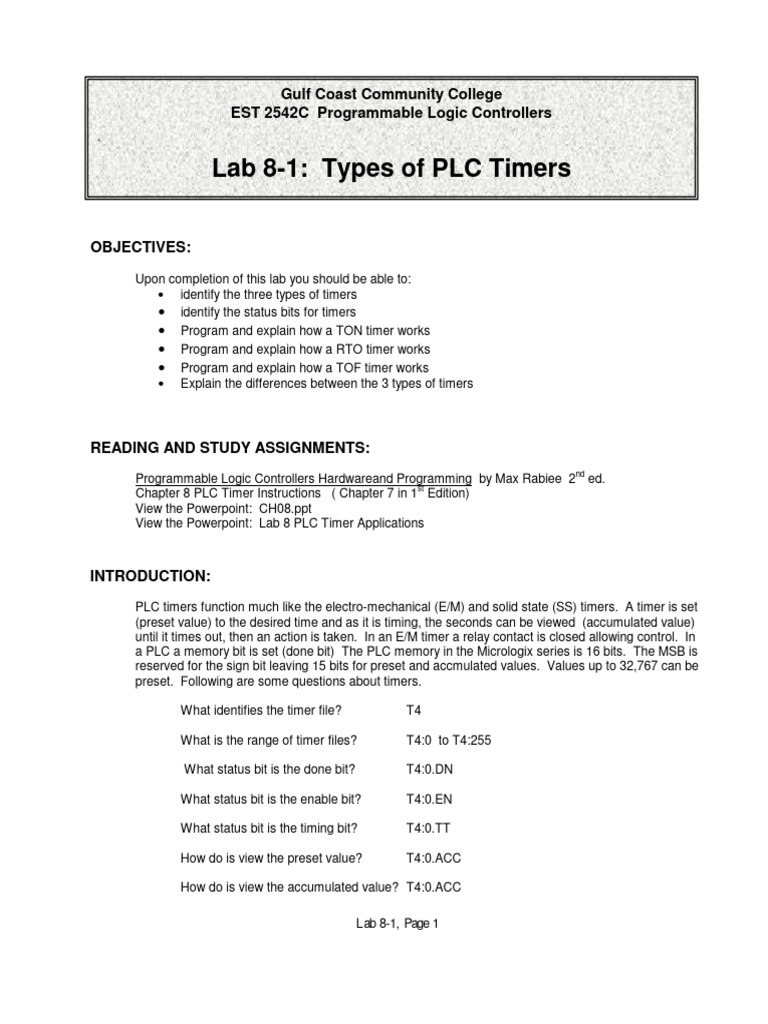 LAB 8-1 Types of PLC Timers | PDF | Timer | Programmable Logic Controller