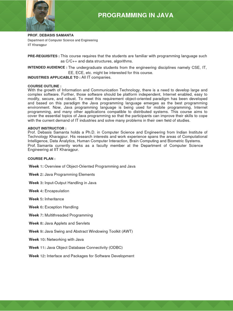 Programming in Java: Prof. Debasis Samanta | PDF | Computers