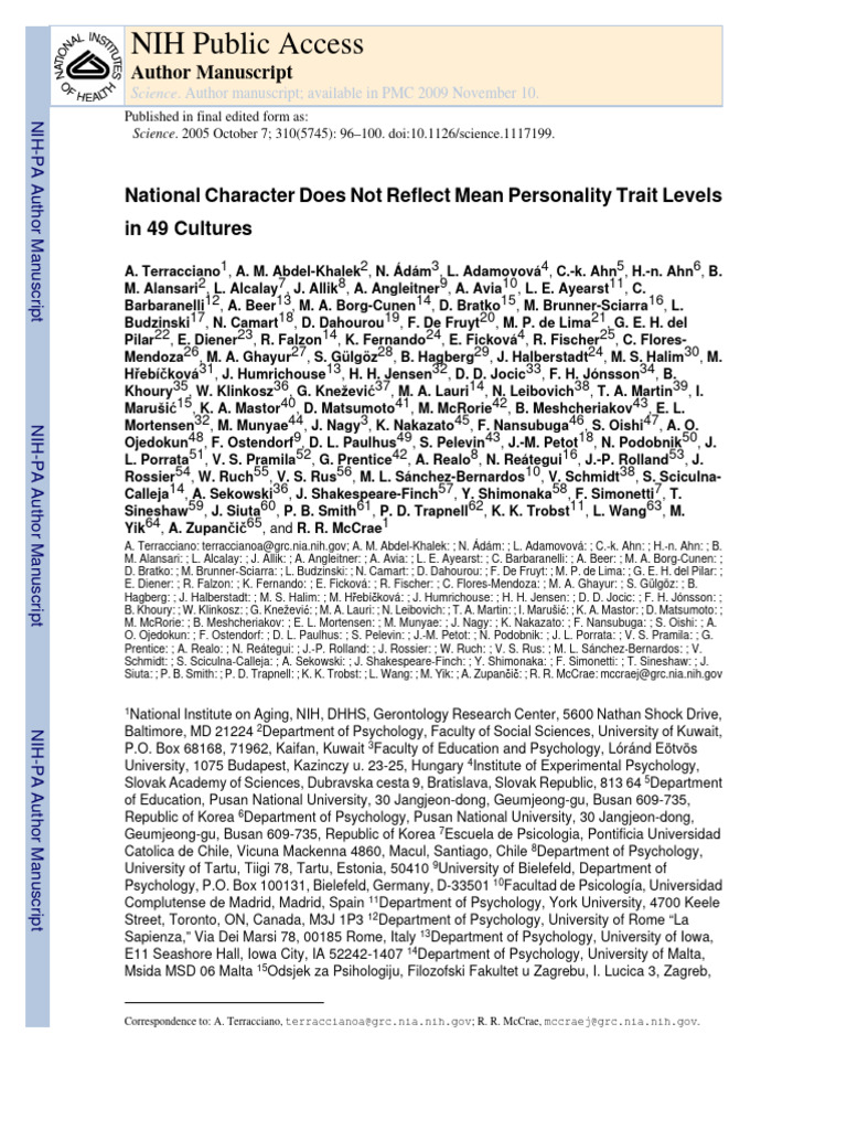 National Character Does Not Reflect Mean Personality Trait Levels | PDF ...