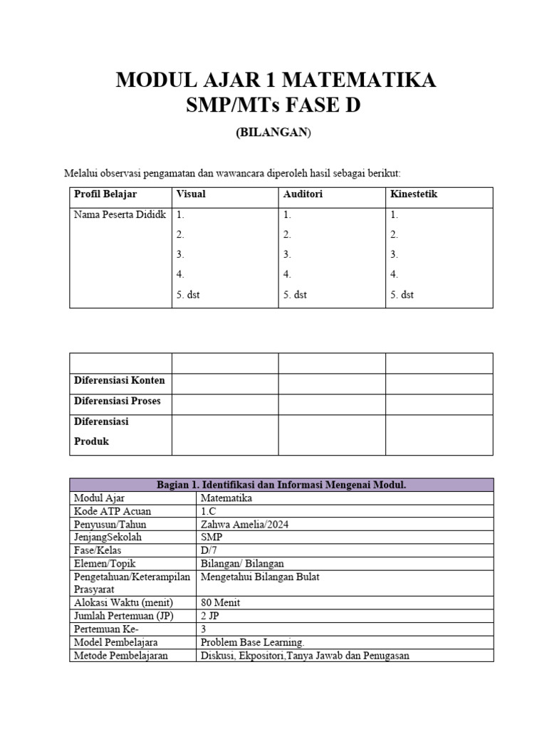 MODUL AJAR 1 MATEMATIKA Materi Bilangan | PDF