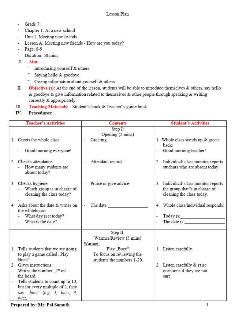 Lesson Plan For Grade 7 Prepared by T. Pal Samuth | PDF | Lesson Plan ...