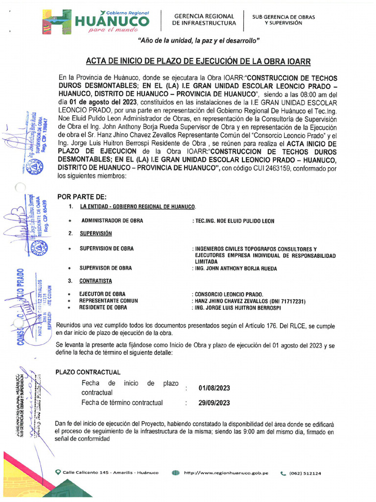 ACTA DE INICIO DE OBRA | PDF