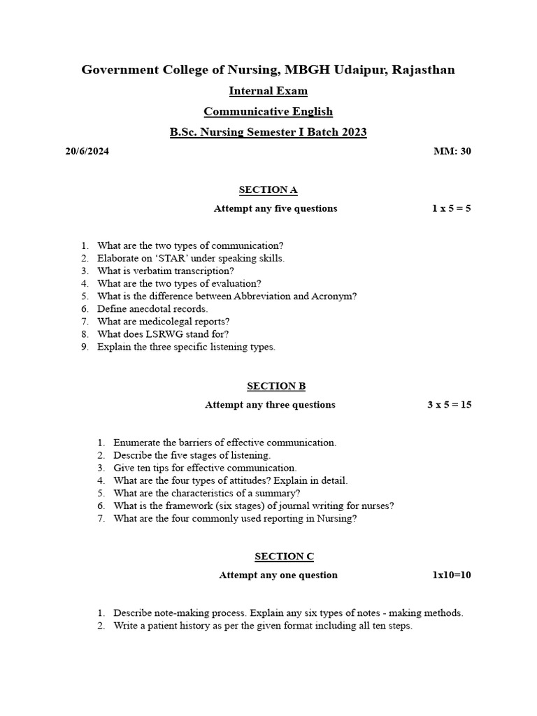 Government College of Nursing - Docx Internal Question Paper | PDF ...