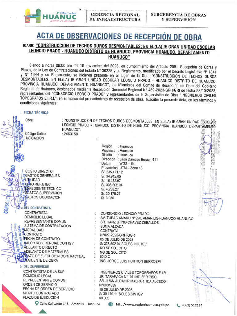 ACTA DE OBSERVACIONES DE RECEPCION DE OBRA | PDF