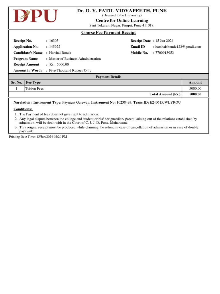 MBA Course Fee Payment Receipt | PDF