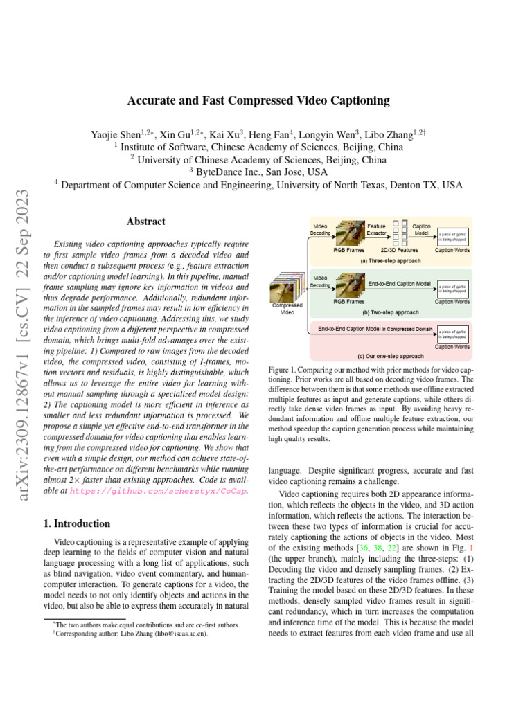 2023 ICCV Accurate and Fast Compressed Video Captioning 2309.12867 | PDF | Data Compression | Video