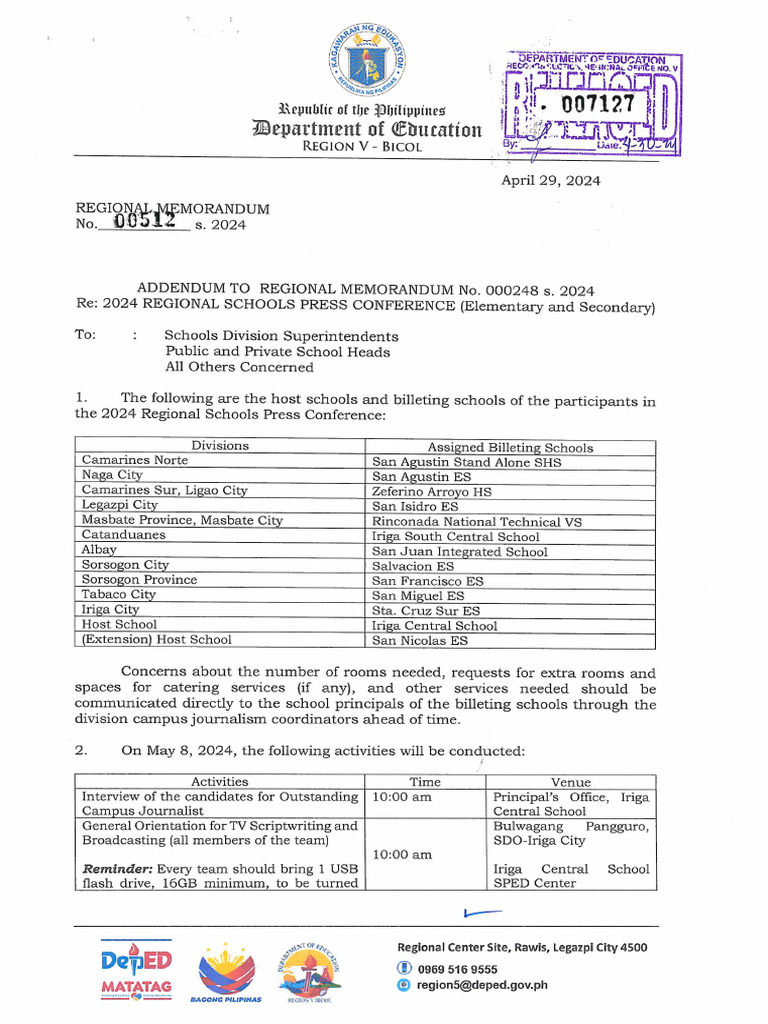 RM - 512 S - 2024 Addendum To Regional Memorandum No. 000248 S. 2024 Re ...