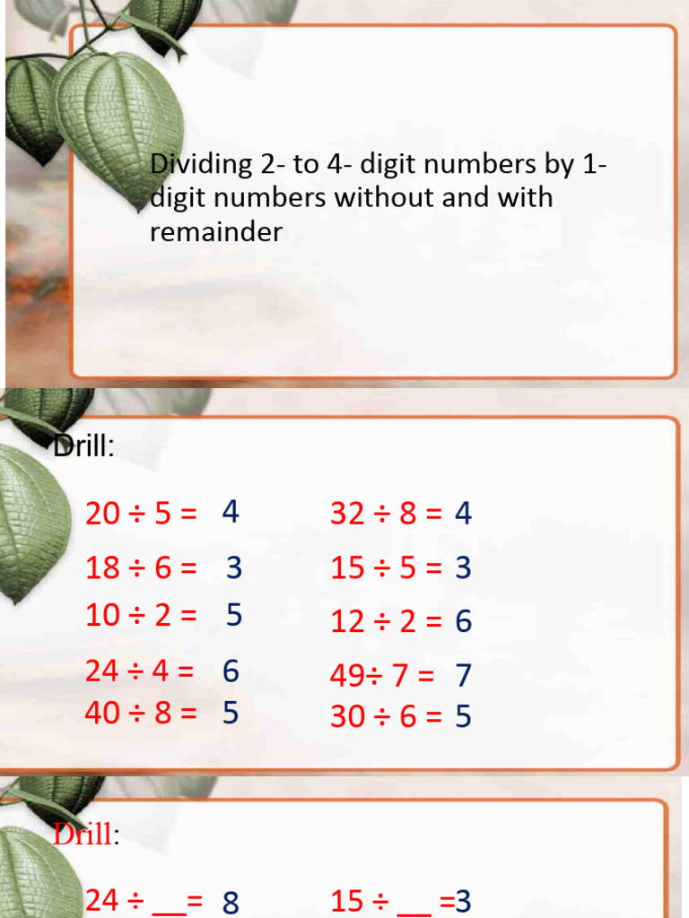 Dividing Two-To Three-Digit Whole Numbers by One-Digit Divisors Without ...