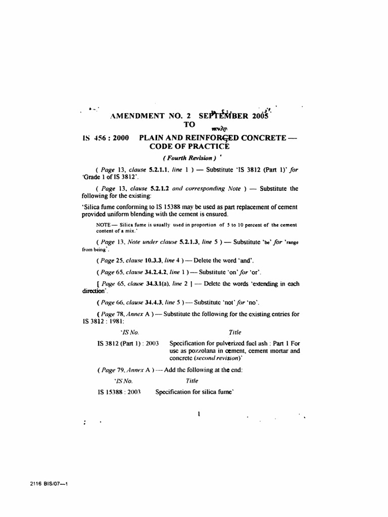 Amendment No. Se'Rimber To: Is 456: 2000 Plai.N Concrete | PDF | Cement | Industrial Processes