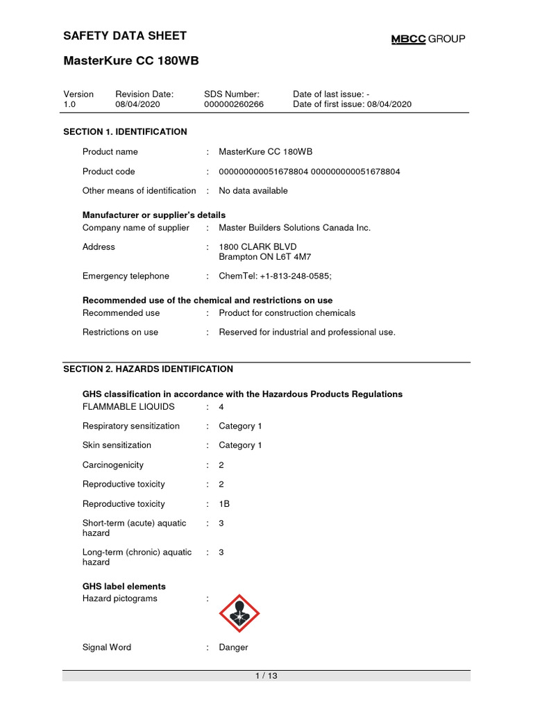 MasterKure CC 180 WB SDS 2023429 - 231203 - 101452 | PDF | Occupational ...