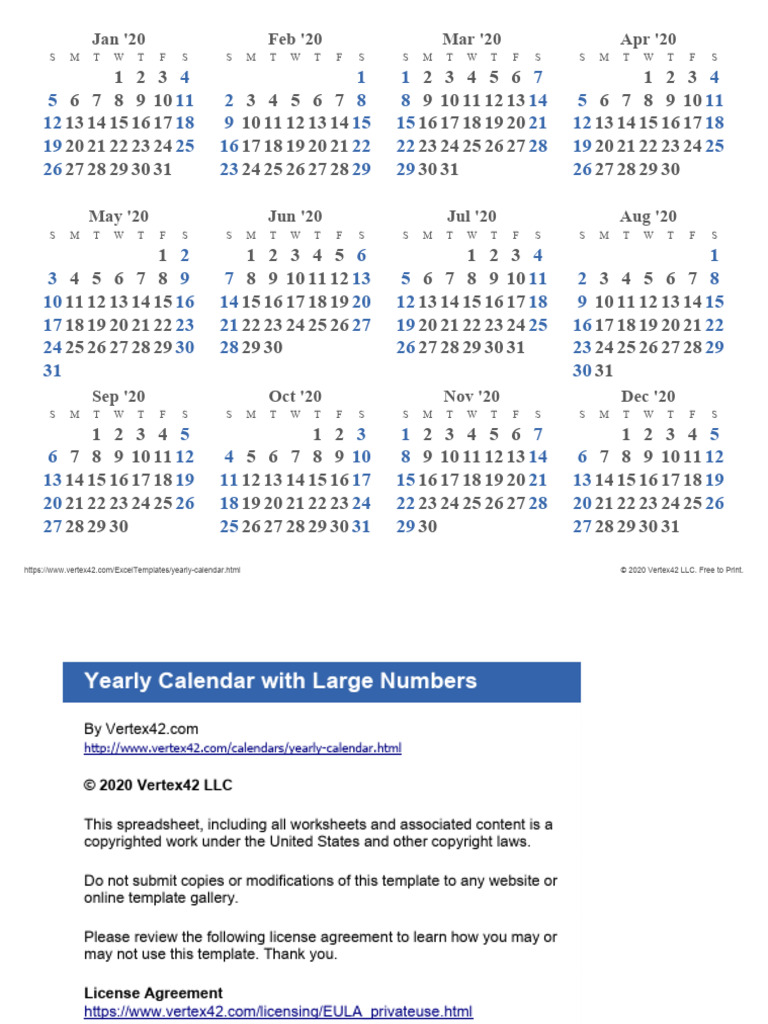 yearly-calendar-large-numbers | Download Free PDF | Copyright Law