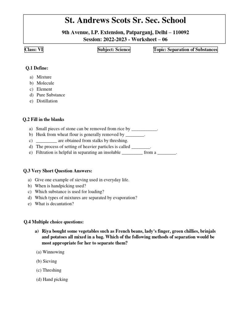 Science - Separation of Substances WS-6 (VI) | PDF | Mixture | Filtration