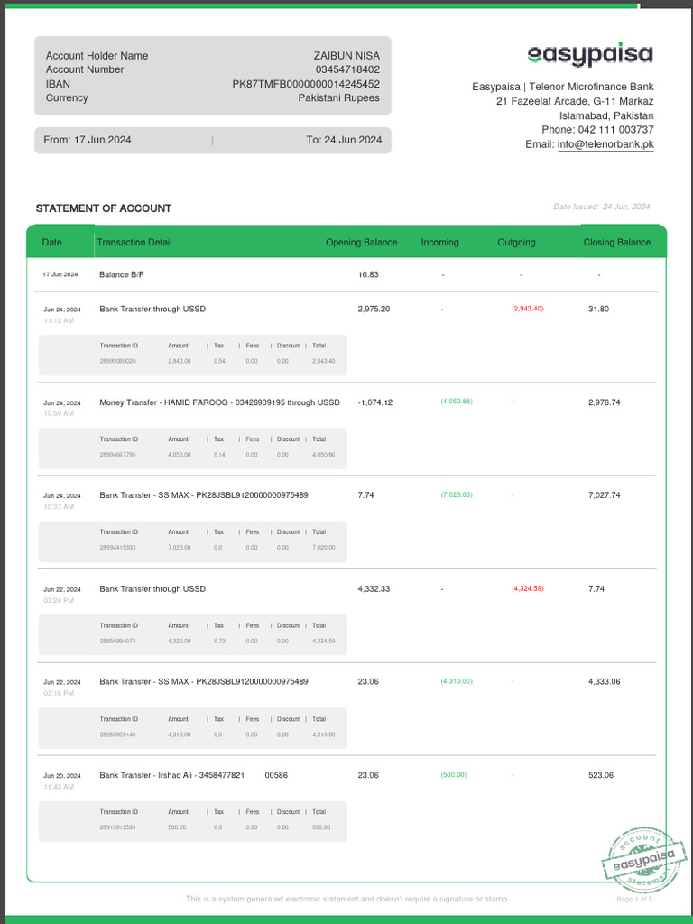 Easypaisa Account Statement: Jun 2024 | PDF | Wire Transfer | Fee